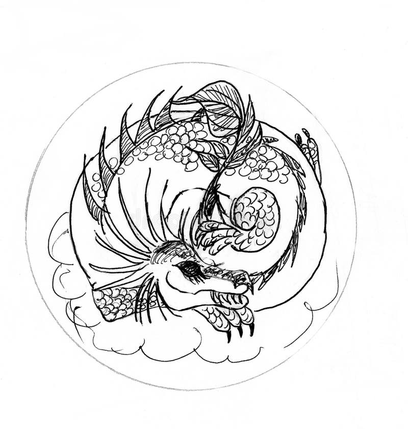 Sleeping Dragon in a Circle, Black and White Graphic Drawing Stock ...