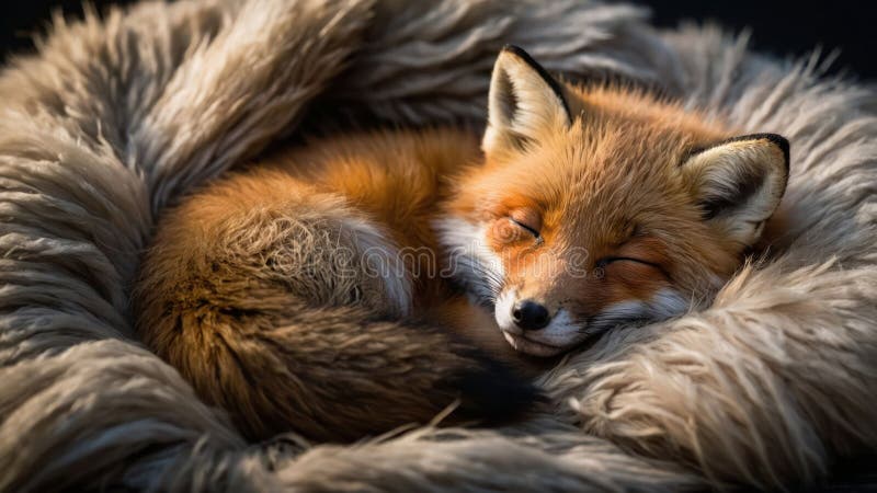 A Sleeping Fox Curled Up in a Cozy, Fluffy Bed, Exuding Tranquility and ...