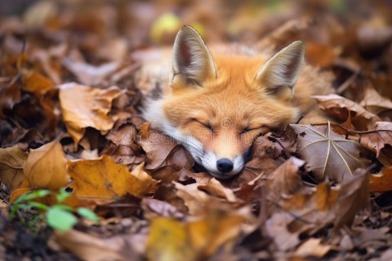 A Sleeping Fox Curled Up on a Pile of Leaves Stock Image - Image of ...