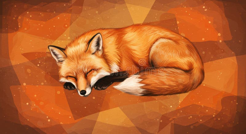 Sleeping Fox on Geometric Orange Background: Serene Wildlife Art Stock ...
