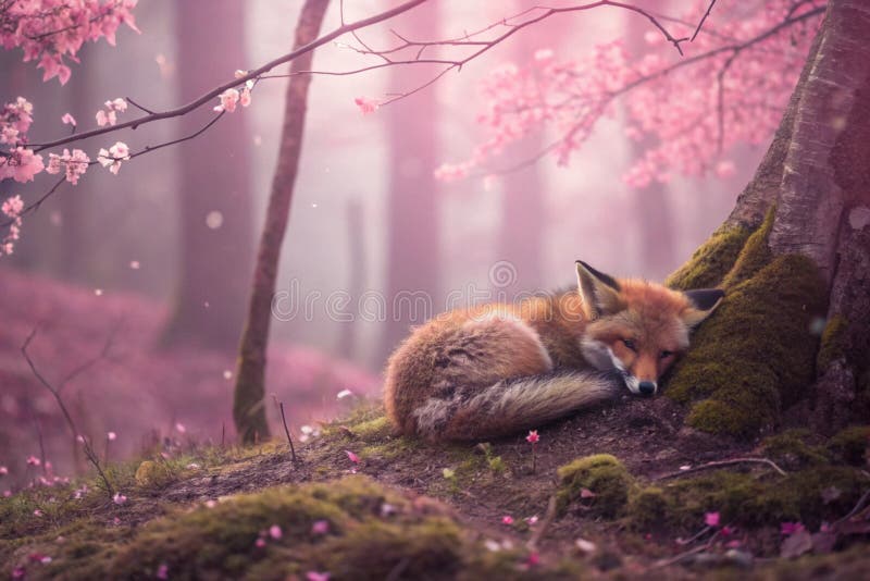 Sleeping Fox Kit in a Magical Pink Forest - Generated by Ai Stock ...