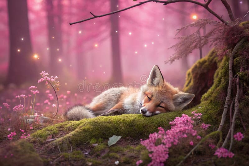 Sleeping Fox Kit in a Magical Pink Forest - Generated by Ai Stock ...