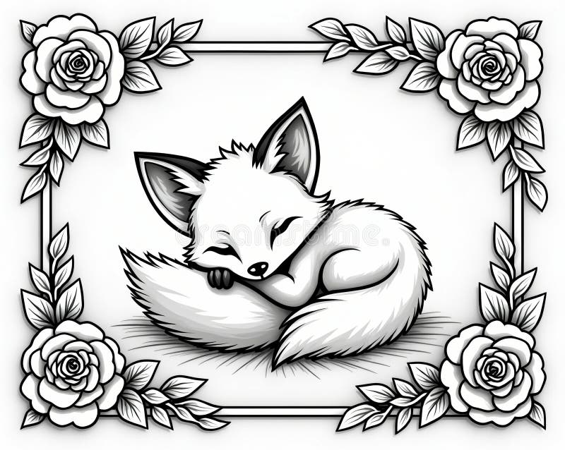 Sleeping Fox with Rose Border Frame Design Stock Illustration ...