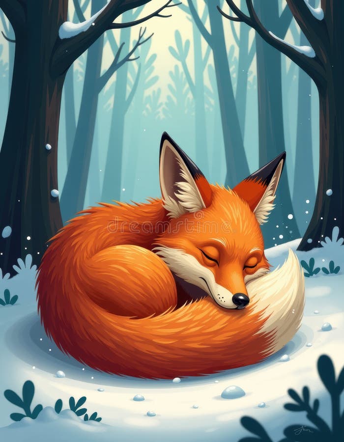 Sleeping Fox in Winter Wonderland Stock Illustration - Illustration of ...