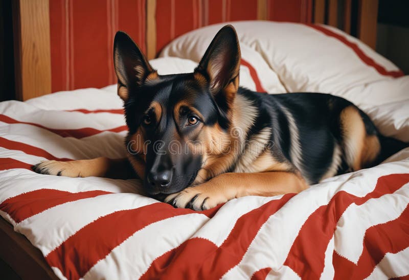 A Sleeping German Shepherd Dog Curled Up on a Couch Stock Illustration ...