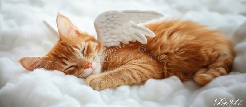 Sleeping Ginger Cat with Angel Wings Resting on Fluffy Clouds Stock ...