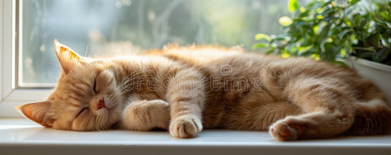 Sleeping Ginger Cat Napping Peacefully on Window Sill Stock Photo ...