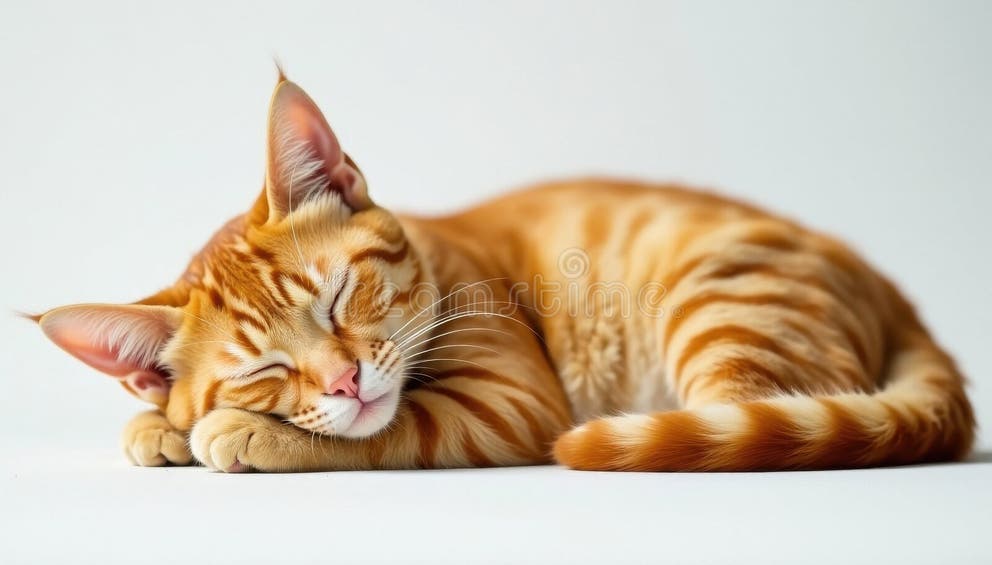 Sleeping Ginger Cat, Relaxed Posture, Pristine White Backdrop ...