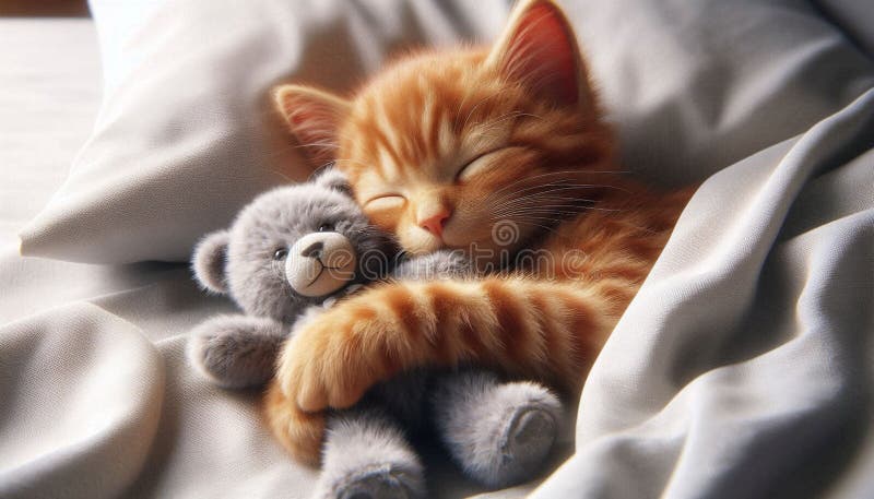 Sleeping Ginger Kitten Cuddling Teddy Bear in Morning Sunlight Close Up ...