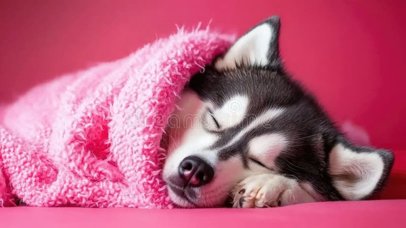 Sleeping Husky Puppy Wrapped in Pink Blanket on Vibrant Bed Stock Image ...