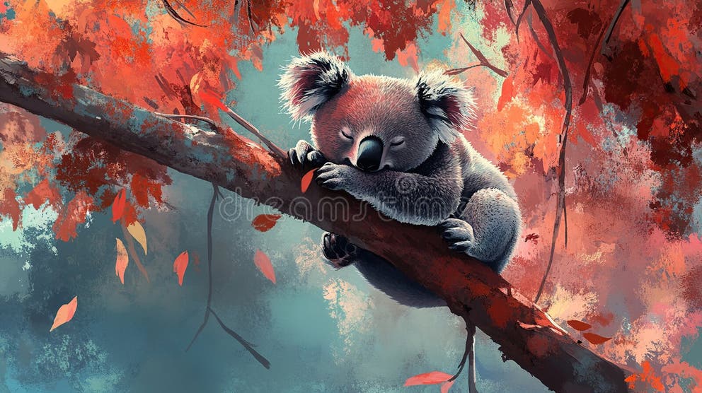 Sleeping Koala on Autumn Tree Branch Stock Photo - Image of wildlife ...