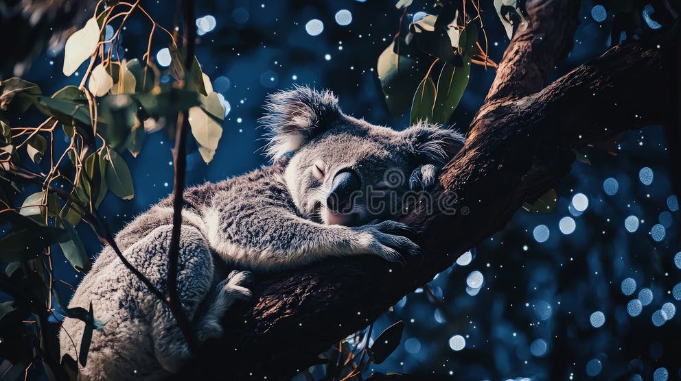 Sleeping Koala on Eucalyptus Tree at Night Stock Image - Image of ...
