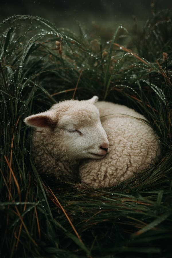 Sleeping Lamb in Lush Green Grass Stock Illustration - Illustration of ...