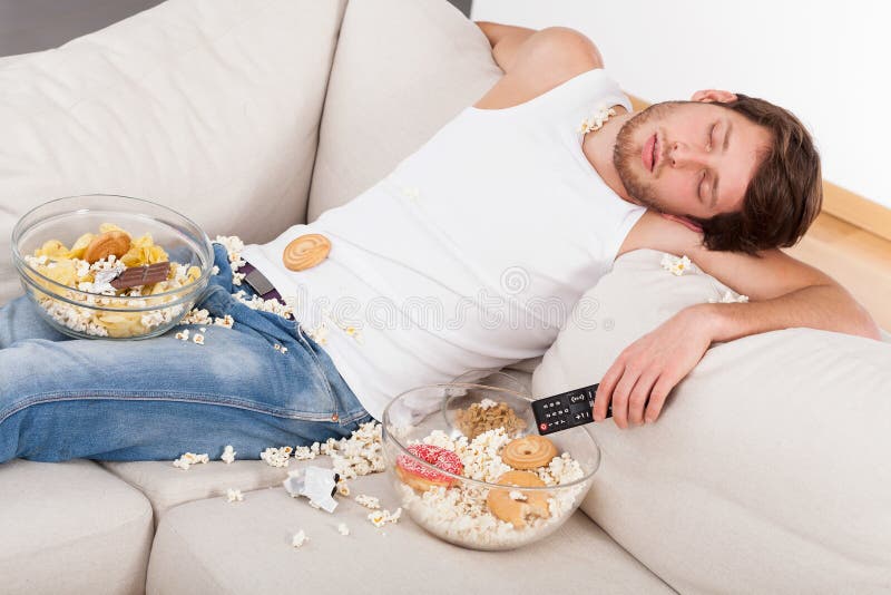 Sleeping man and junk food stock image. Image of mess - 41416729