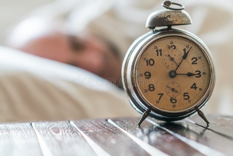 Sleeping Man Lying in Bed and Alarm Clock Stock Image - Image of ...