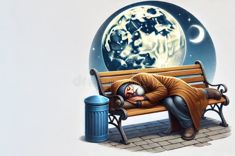 Sleeping Man Tramp on a Bench Under the Moonlight. Space for Text ...