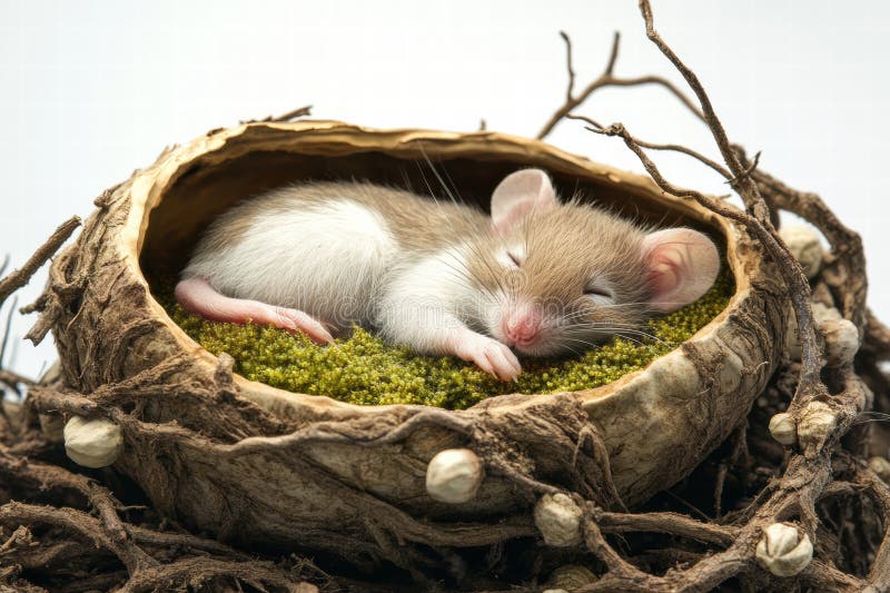 Sleeping Mouse Curled Up in a Cozy Nest Made of Branches and Moss in a ...