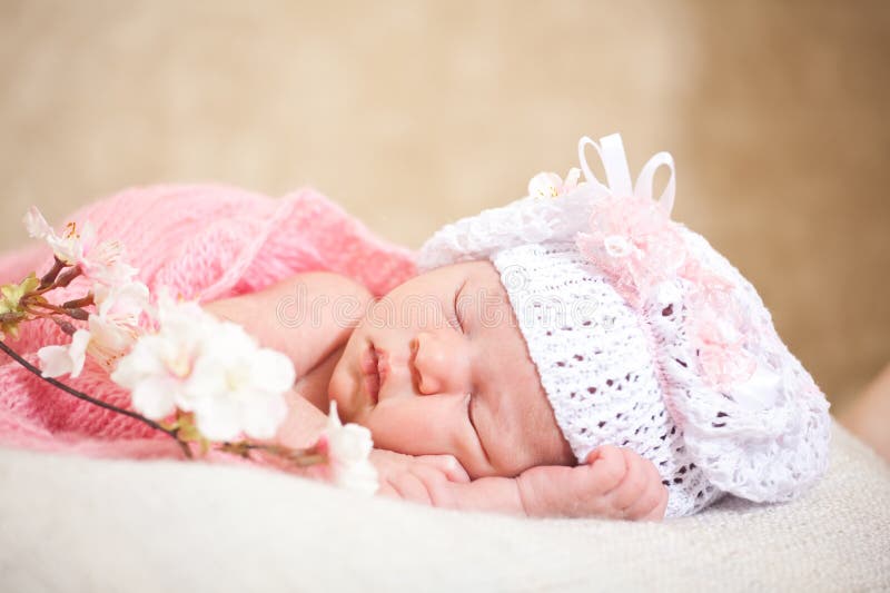 Sleeping Baby Girl Wearing Pink Hat Stock Image - Image of depth ...