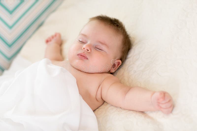 Sleeping Baby on Back on White Bed Stock Photo - Image of infant ...