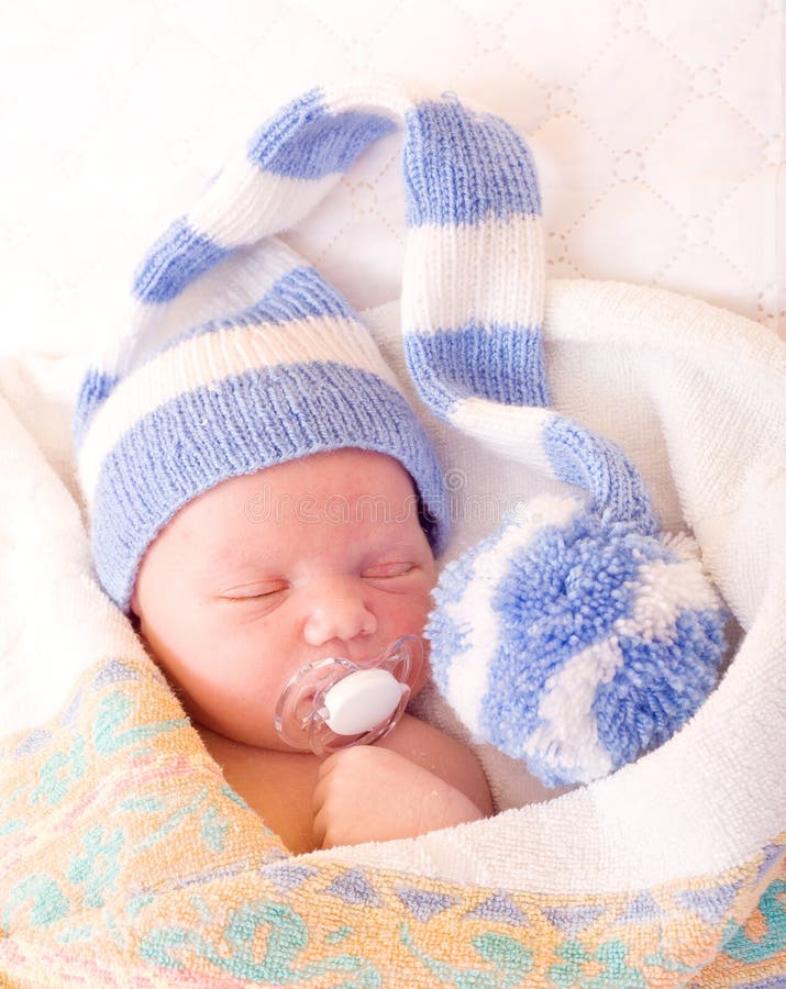 Sleeping Newborn Baby in Knitted Cap Stock Photo - Image of depth ...