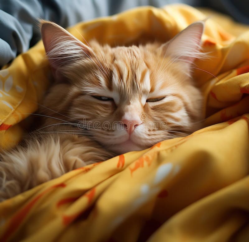 A Sleeping Orange Cat in Bed Stock Image - Image of feline, curled ...