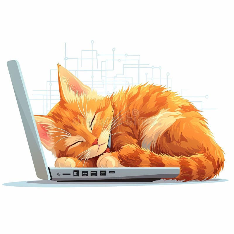 Sleeping Orange Cat on Laptop with Tech Background Stock Illustration ...