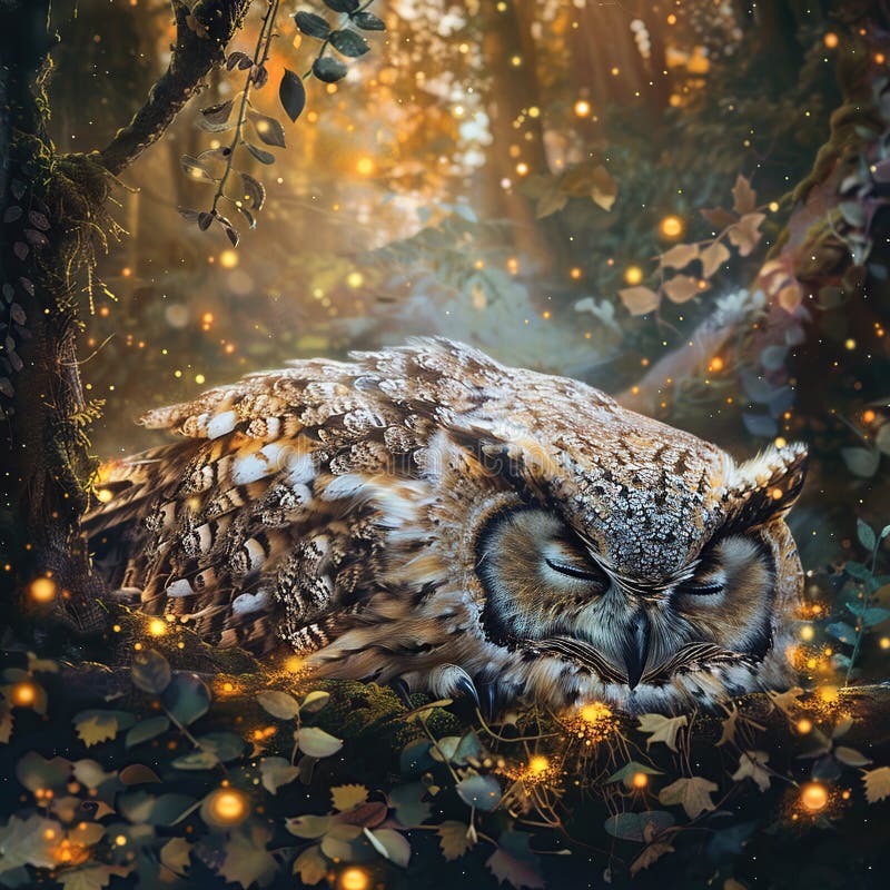Sleeping Owl in Enchanted Forest with Fireflies Stock Illustration ...