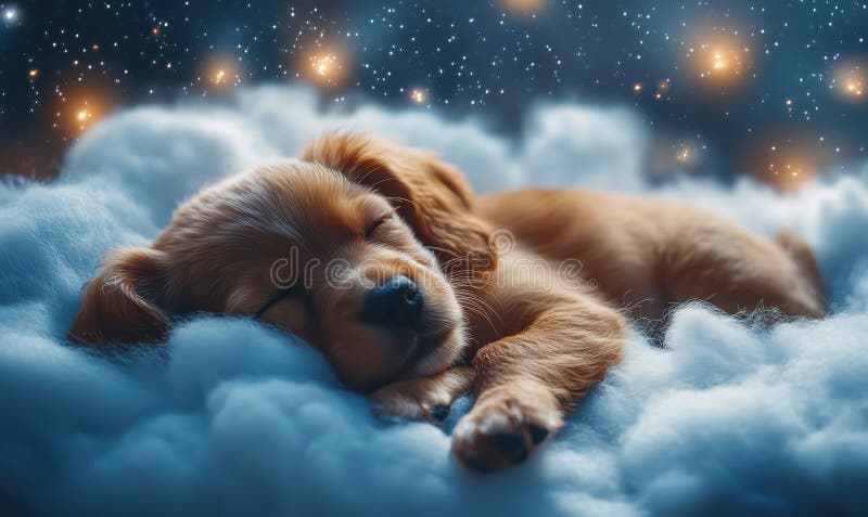 Sleeping Puppy on Fluffy Clouds Under Starry Night Sky with Glowing ...