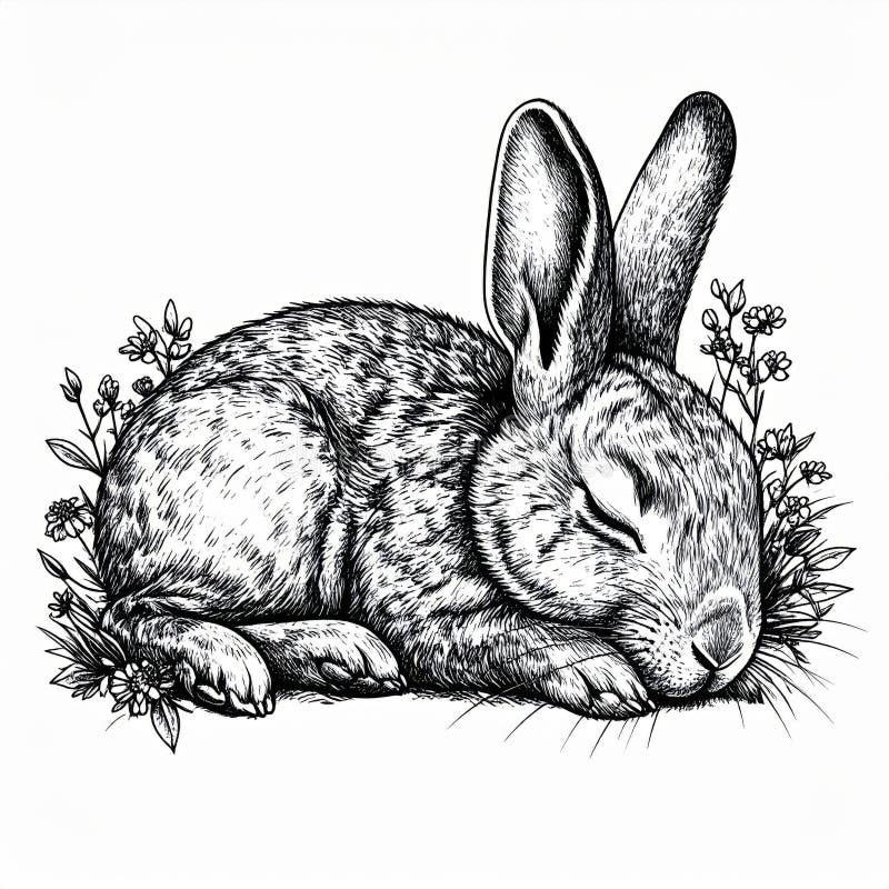 Sleeping Rabbit in Grass Monochrome Illustration Stock Illustration ...