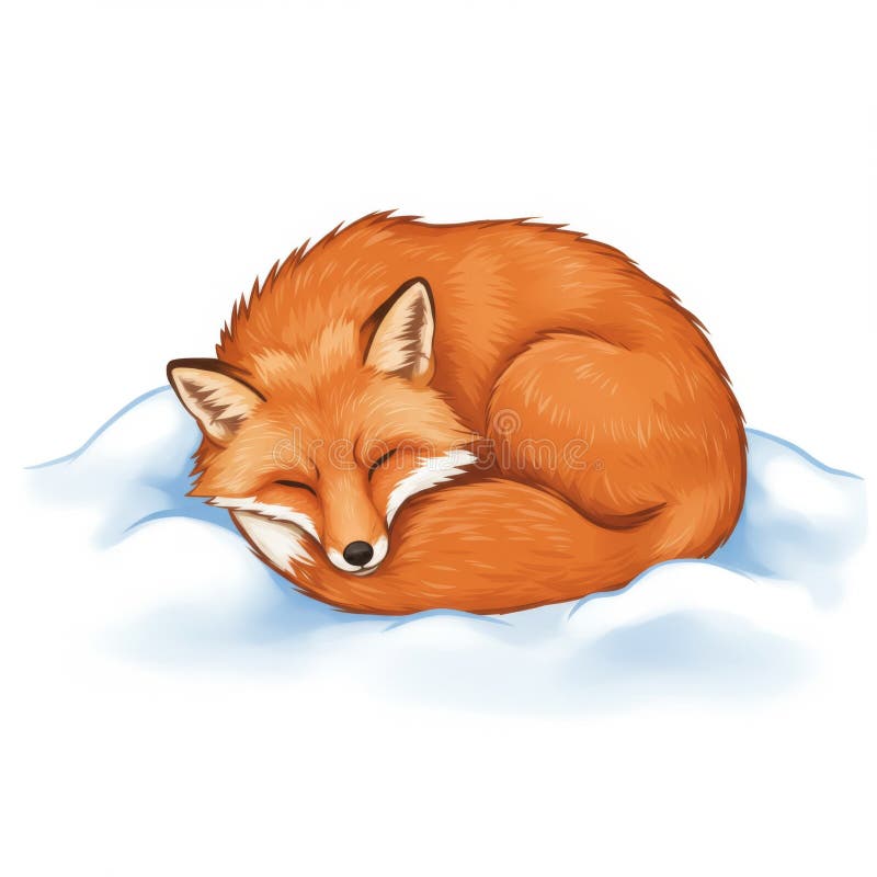 Sleeping Red Fox Curled on Snow, Winter Animal Illustration Stock ...