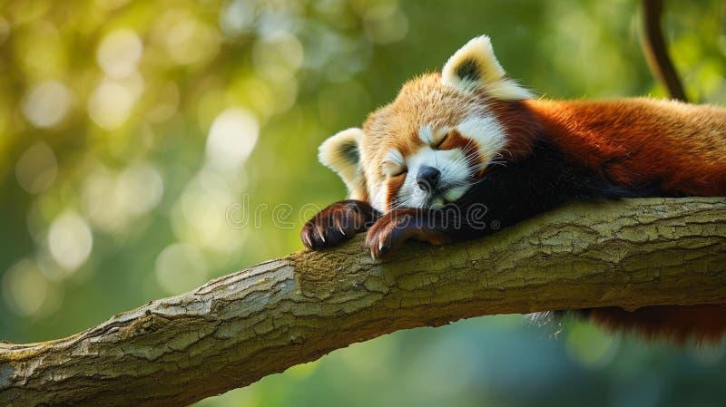 Sleeping Red Panda. Funny Cute Animal on Tree Branch. Lazy Red Panda ...