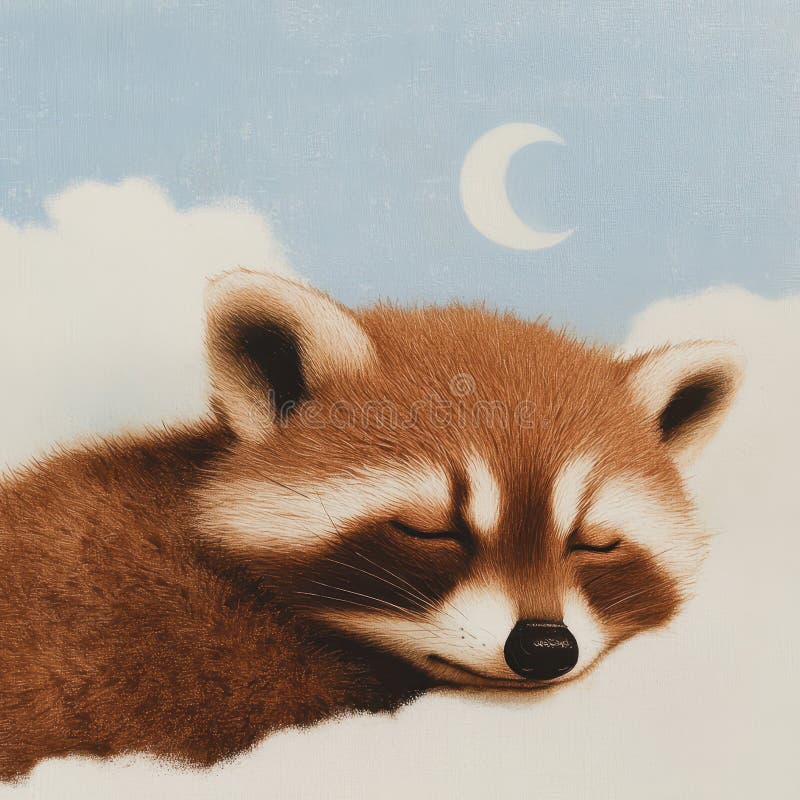 Sleeping Red Panda Under a Crescent Moon in a Dreamy Night Sky Stock ...