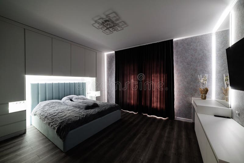 Sleeping Room with Backlight and Large Bed Stock Image - Image of beard ...