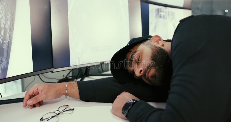 Sleeping, Security Guard and Control Room with Man in Office for ...