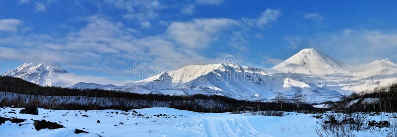 Panorama Sleeping Snow-covered Volcano in the Rays of the Setting Sun ...