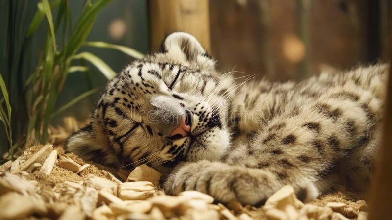 Sleeping Snow Leopard Cub on Wood Shavings Stock Illustration ...