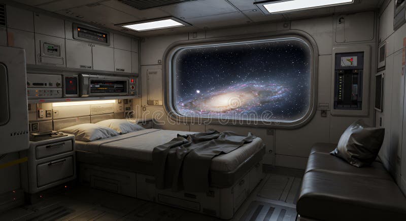 Sleeping in Space a Cozy Spaceship Bedroom with a Galaxy View Stock ...