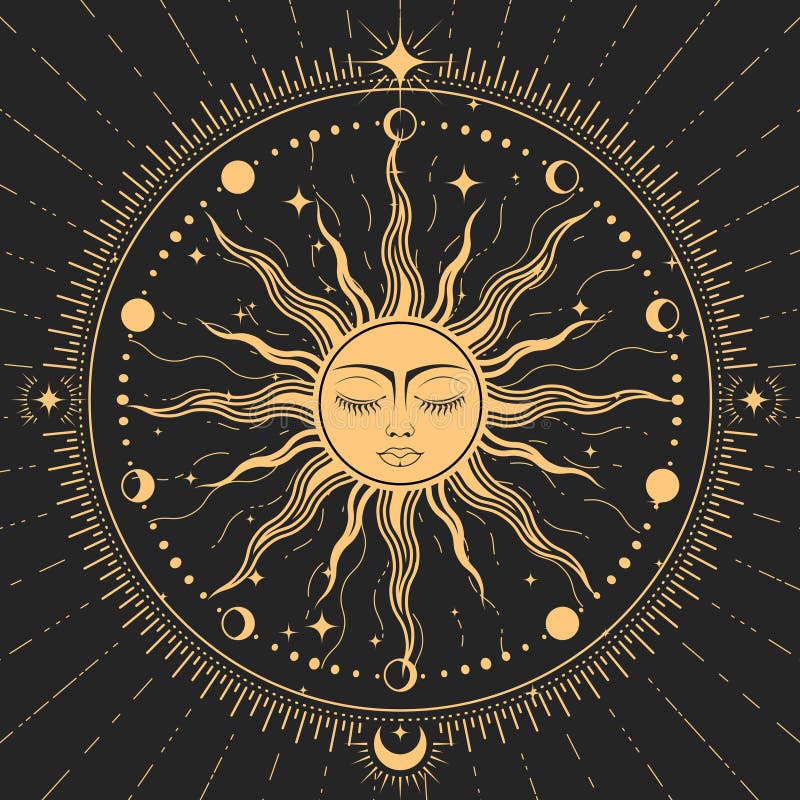 Sleeping Sun with Closed Eyes, Astrology Symbol, Sun with Face in ...