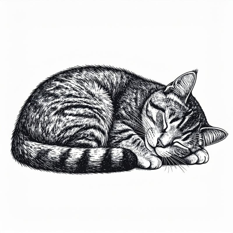 Sleeping Tabby Cat Black and White Line Art Illustration Stock ...