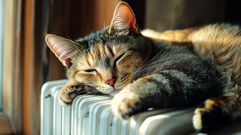 Sleeping Tabby Cat Curled Up on a Soft Surface in Warm Light. Concept ...