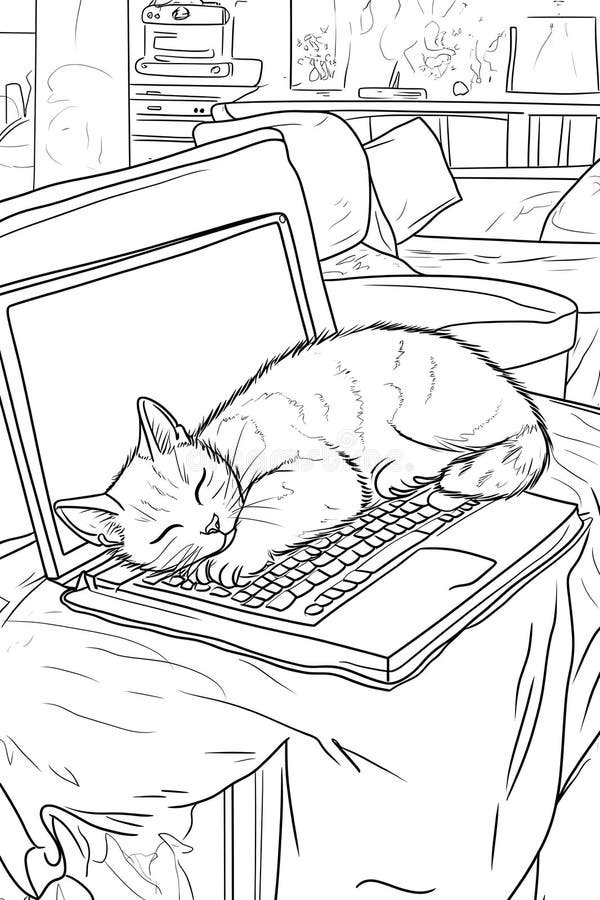 Sleeping Tabby Cat on Laptop Computer Stock Illustration - Illustration ...