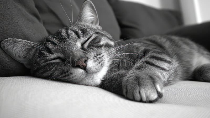 A Sleeping Tabby Cat Rests Comfortably on a Couch, Exuding Tranquility ...