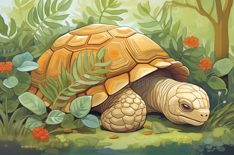 Sleeping Tortoise Curled Up Under a Fern in a Garden Stock Photo ...