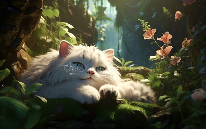 Sleeping White Cat in a Fairy Tale, Generative Ai Stock Illustration ...
