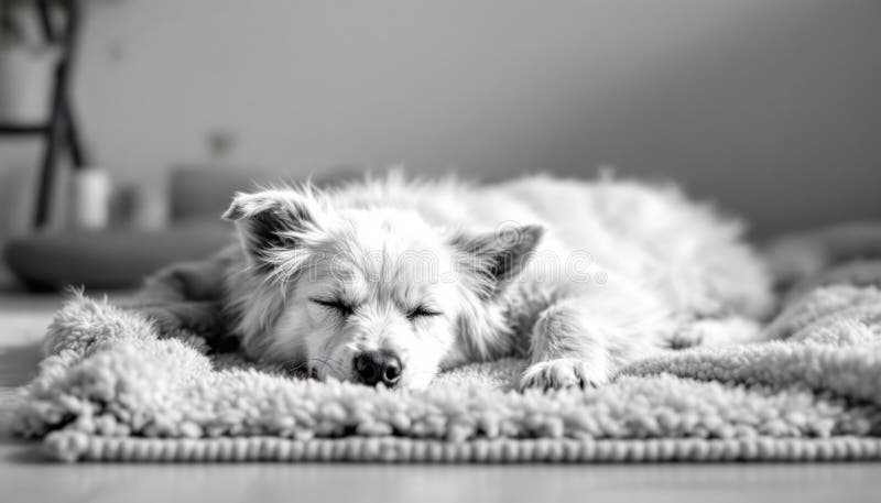 Sleeping White Fluffy Dog Resting on a Soft Rug in a Serene Black and ...