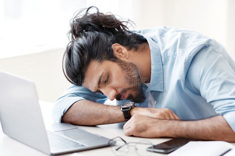 Sleeping Work Overworked Freelancer Guy Napping Workplace Home Office ...