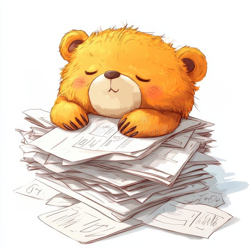 Sleepy Bear Napping on Pile of Paperwork, Creating Cozy Scene Stock ...