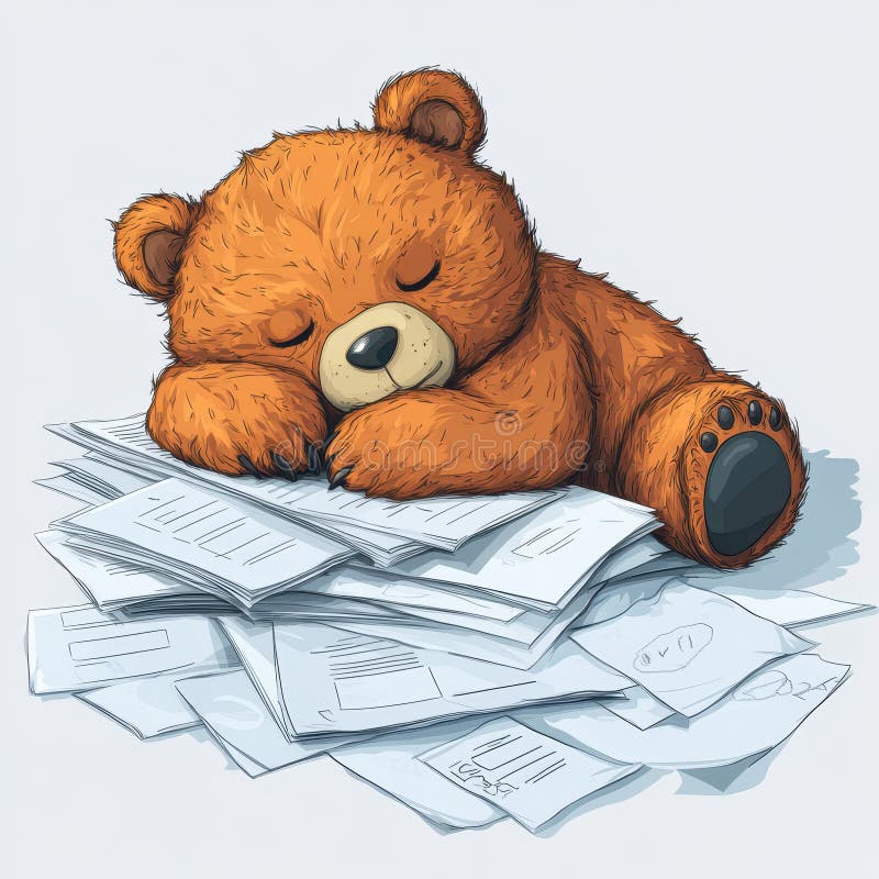 Sleepy Bear Napping on Pile of Paperwork, Creating Cozy Scene Stock ...