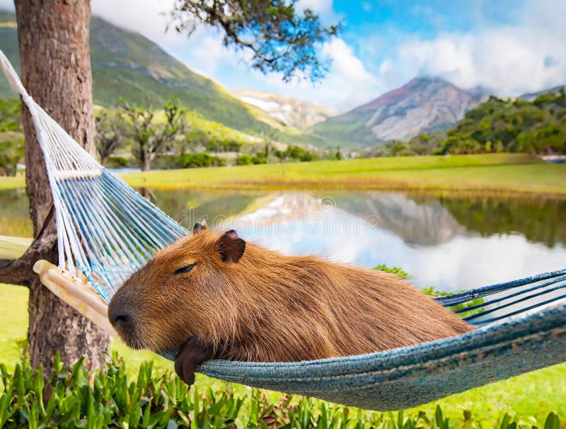 Sleepy Capybara Relaxing in a Hammock Under Big Tree Stock Illustration ...