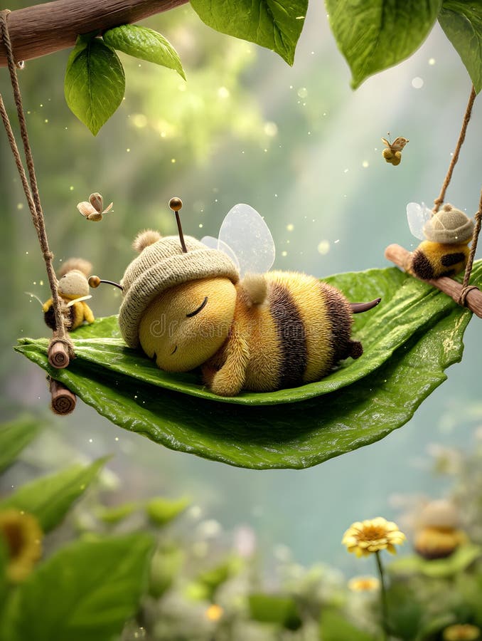 Sleepy 3D Cartoon Bee on a Leaf Hammock Stock Illustration ...